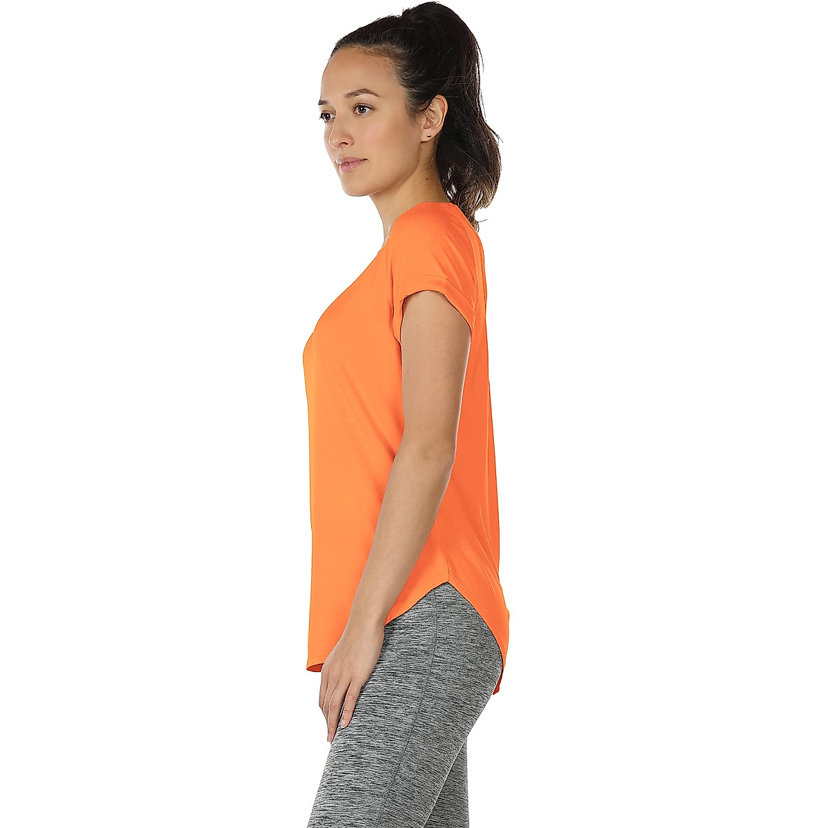 icyzone Open Back Yoga Shirts for Women - Exercise Workout Tops, Athletic Short Sleeves, Running T-Shirts Loose Fit (Orange, L)