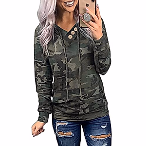 Dokotoo Women's Casual Camo Hoodies Long Sleeve Sweatshirt Drawstring V-Neck Pullover Loose Tops Shirts with Kangroo Pocket 2024 Fashion Fall Hooded Sweatshirt Green Medium