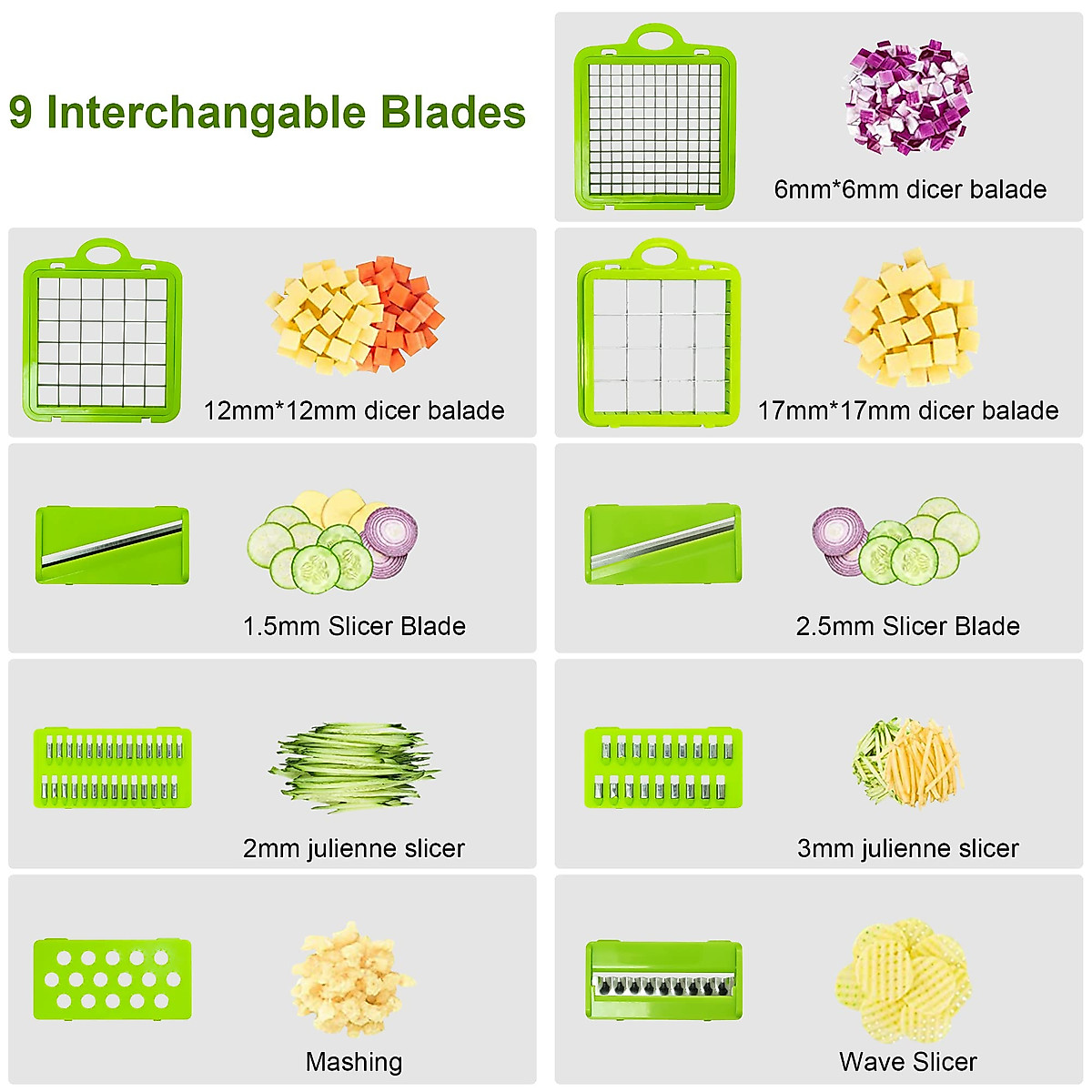 Vegetable Chopper 16 in 1, 9 Blade Veggie Food Chopper with Container 1.2L, Slicer Dicer Cutter with Self-Cleaning Button for Kitchen Onion Garlic Potato Salad