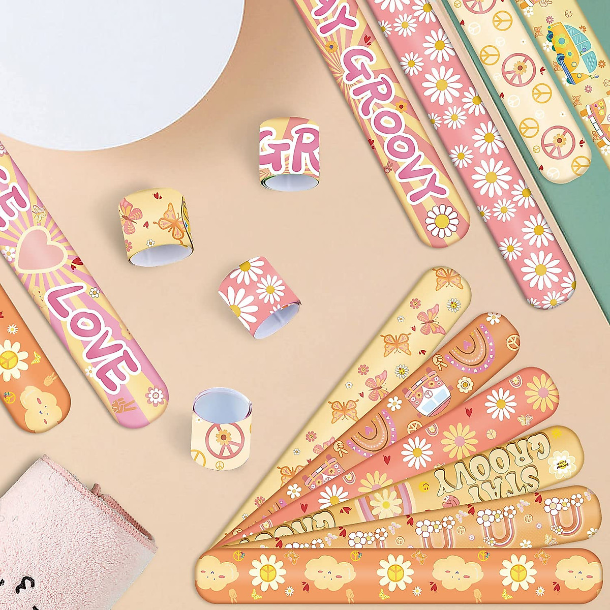 YYMYMGJ 60 Pieces Groovy Slap Bracelets Hippie Boho Wristbands Daisy Flower Peace Rainbow Butterfly and Love Bracelets for 60s 70s Groovy Party Favors Gifts Birthday Party Supplies Decorations