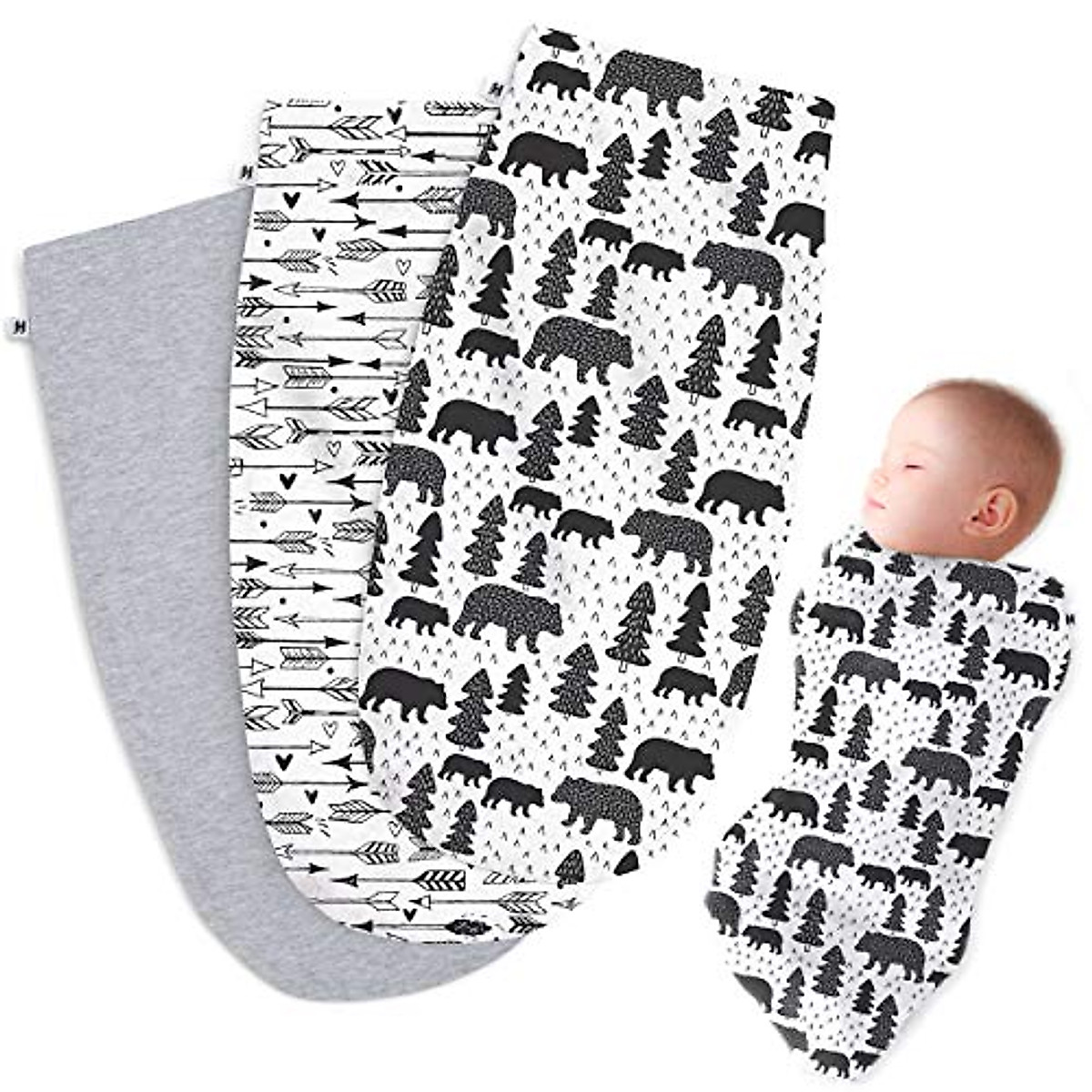 Henry Hunter Baby Swaddle Sack | The Simple Swaddle | Soft Stretchy Cotton Swaddle Blanket for Newborns | Baby Swaddles 0-3 Months, Pack of 3 (Bear | Arrow | Light Heather)