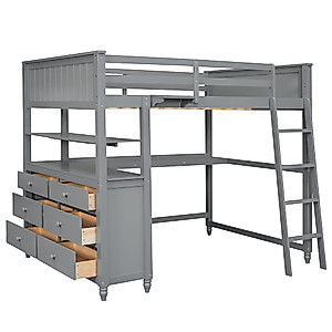 Bellemave Full Size Loft Bed with Desk & Storage Drawers Wood Loft Bed Frame with Ladder for Kids Adults Boys Girls Teens, Gray