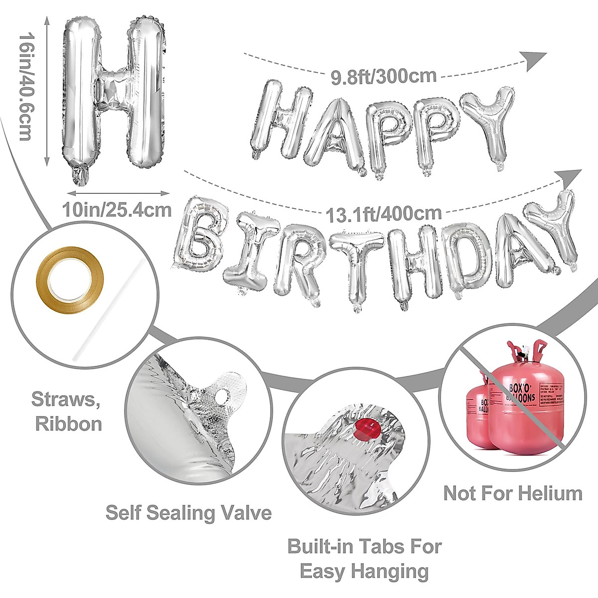 LIOZEOKUN Happy Birthday Balloon Letters 16 inch Mylar Foil Birthday Balloons Banner Sign for Birthday Party Decorations Supplies (Silver)