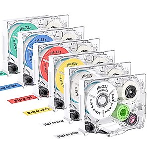 Label KINGDOM Label Tape JM Replacement for Label Maker D210S,E1000 Brother P Touch PT-D210 PT-H110 12mm 0.47 Laminated Black on White/Clear/Green/Yellow/Red/Blue, 6 Pack