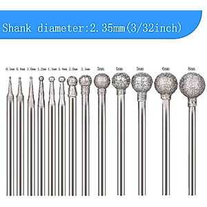 Luo ke 13 Pcs Ball Shape Diamond Burr - 3/32'' Shank Diamond Ball Burs Stone Carving Bits for Dremel Rotary Tool