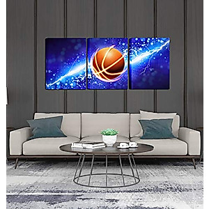 3 Panel Blue Lightning Basketball Camvas Wall Art Paintings for Boys Room Decals,Framed,12x16inchx3 (Blue Basketball)