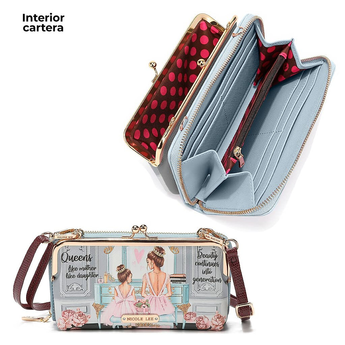 Nicole Lee 3 Pieces Accessories Gift Value Set (Wallet Crossbody, Small Card Case, Diamond Fashion Watch) (Double Queens)