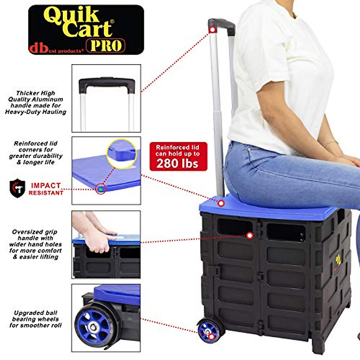 dbest products Quik Cart Pro Wheeled Rolling Crate Teacher Utility with seat Heavy Duty Collapsible Basket with Handle, Blue