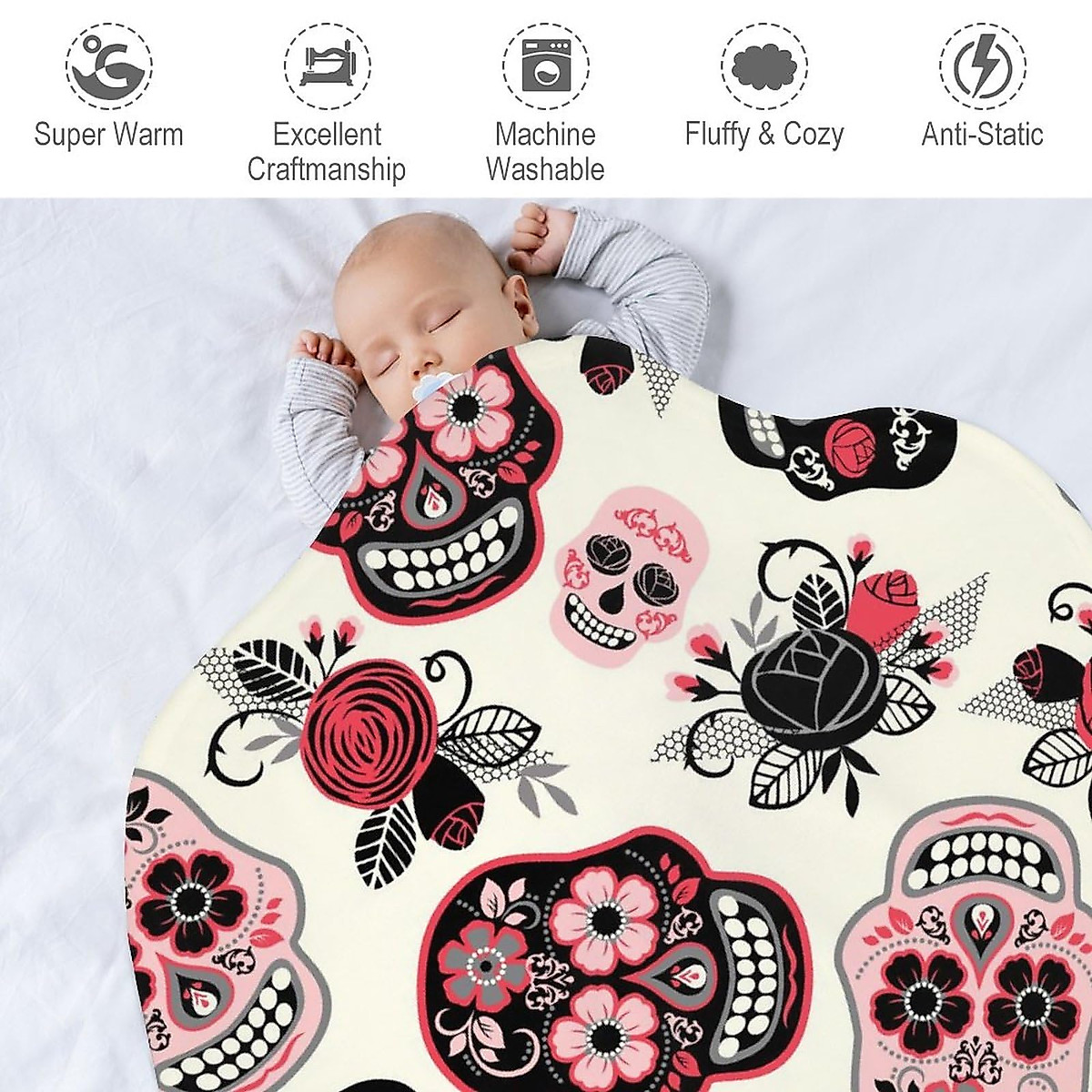 LAKIMCT Pink Sugar Skull Flower Round Soft Baby Blankets for Boys Girls, Newborn Blanket for Suitable for Swaddling Sleep Stroller Cover Nursery Blanket, 35 Inch