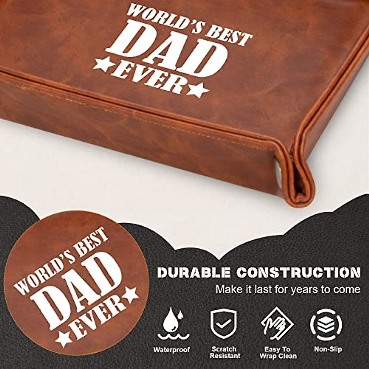 Gifts for Dad, World's Best Dad Ever Leather Valet Tray, Birthday Gifts for Dad Stepdad Men, Christmas Stocking Stuffers for Dad from Kids Daughter Son, Nightstand Organizer for Dad Presents, Brown