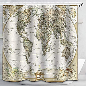 World Map Shower Curtains Custom Fabric Vintage Look Style Countries Globe Curtains Waterproof Colorful Cloth Fabric Durable Shower Curtain Bathroom Decor Set 12 White Plastic Hooks. 72 x 72 inch