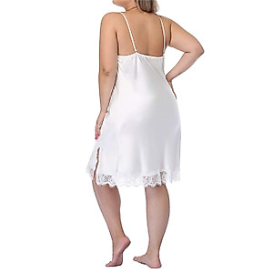 Women's Plus Size Full Slips Lace Chemise Lingeries Sexy Front Slit Negligees Silky Nightgown Sleepwear White