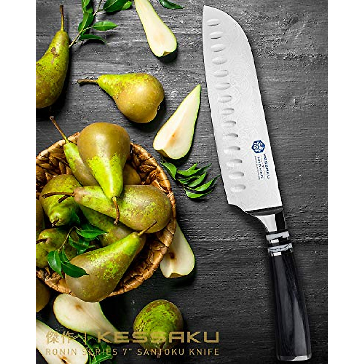 KESSAKU 7-Inch Santoku Knife - Ronin Series - Granton Edge - Forged High Carbon 7Cr17MoV Stainless Steel - Pakkawood Handle with Blade Guard