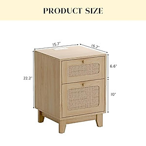 Modern Wicker Rattan Nightstand Set of 2,Rattan Stand with Drawer and Charge Station, Wooden Side Table for Small Spaces, Natural Wood BedsideTable for Bedroom,Easy Assembly(with Charging Station,2)