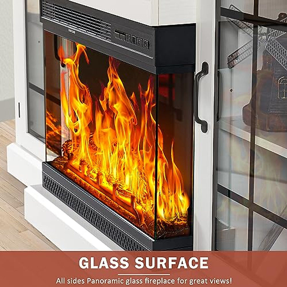 oneinmil Fireplace TV Stand with 3-Sided Glass Electric Fireplace,59'' Modern Media Entertainment Center with Farmhouse Glass Door Storage Cabinet, TV Cabinet for TVs up to 65",for Living Room,White