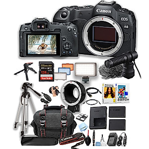 Canon EOS R8 Mirrorless Camera Body + 128GB Pro Speed Memory + EF-RF Lens Adapter + Led Video Light + DME 100 Microphone +Case + Tripod + Software Pack-Video Bundle