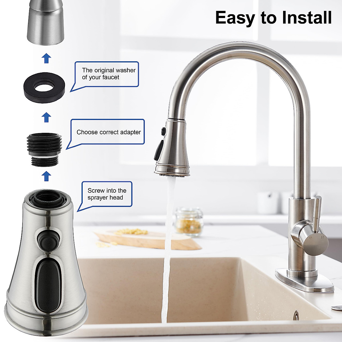 Kitchen Faucet Spray Head Replacement - Pull Down Faucet Sprayer Head with 9 Adapters, 3-Function Kitchen Sink Faucet Head, Replacement Pull Out Faucet Head, Brushed Nickel