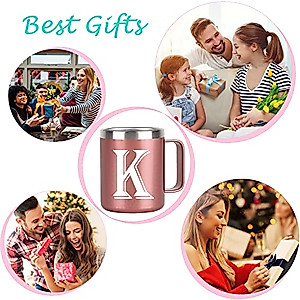 Aletege Letter K Stainless Steel Insulated Mug with Handle, Personalized Initial Mug, Gifts for Women Men Wedding Birthday Graduation Party Letter K 12OZ Rose Gold