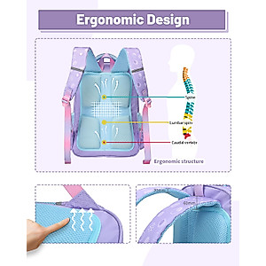 Tanou Kids Backpacks for Girls, 16'' Elementary School Backpack, Breathable Bookbags with Reflective Strip for Girl 6-12 Years, Mermaid