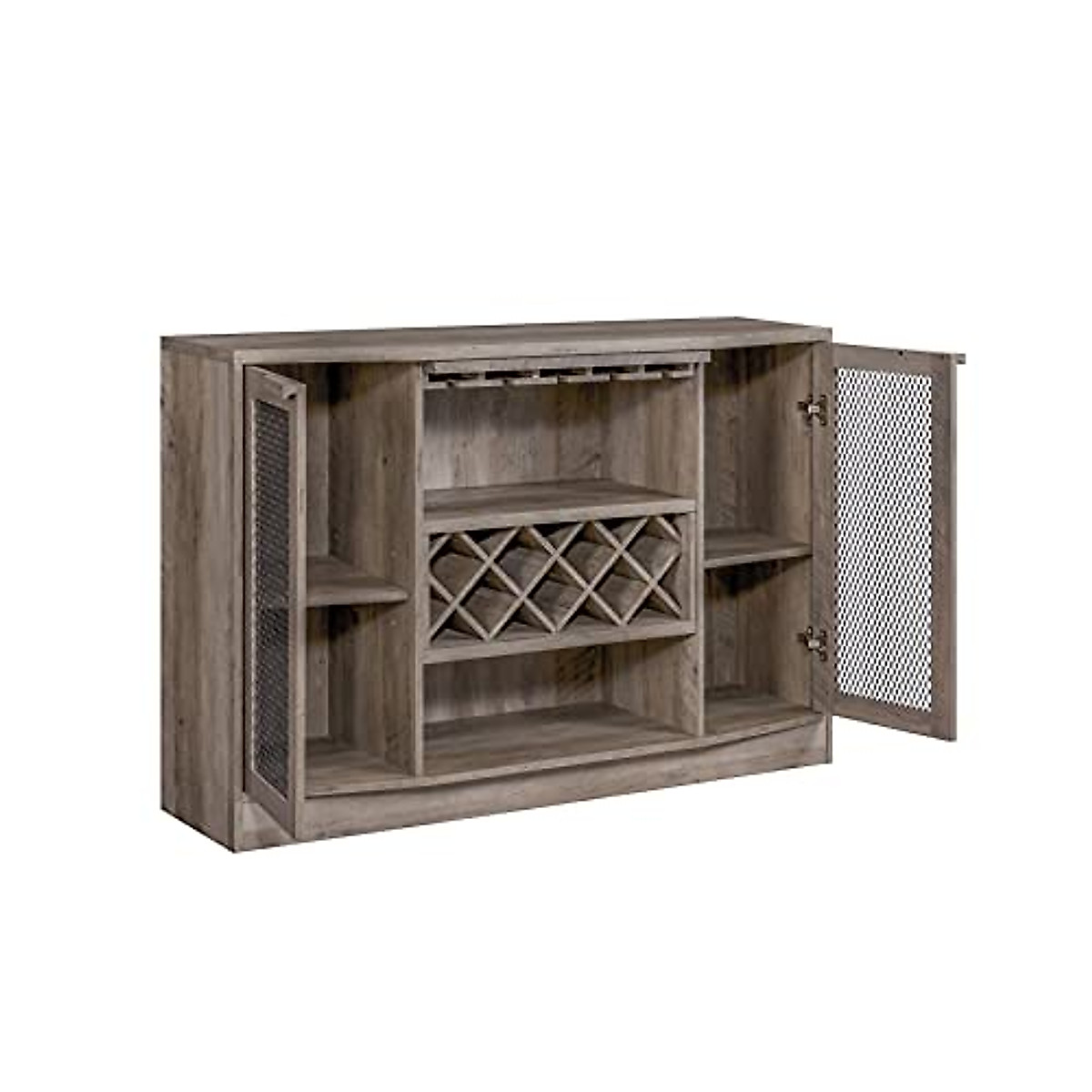 Home Source Bar Cabinet with Curved Wire Mesh Doors in Stone Grey Finish