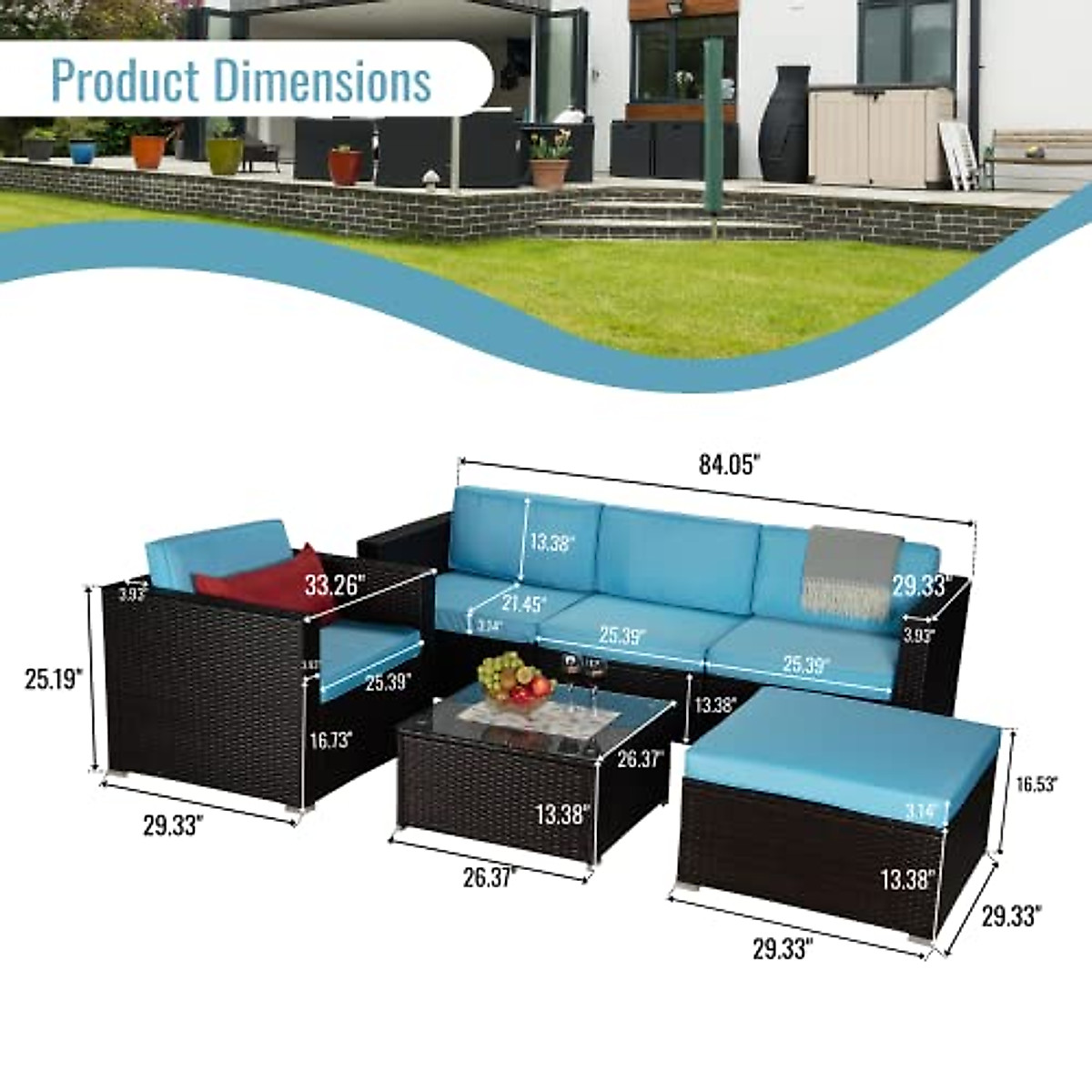 HomSof 6-Piece PE Rattan Wicker Sectional Cushioned Sofa Sets with 1 Red Pillow, Blue + Brown