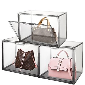 FVIEXE 3PCS Purse Storage Organizer for Closet, Acrylic Clear Grey Handbag Organizer Closet Boxes with Magnetic Door Purse Storage Display Case for Handbags Purses Bag Book Shoe Organization