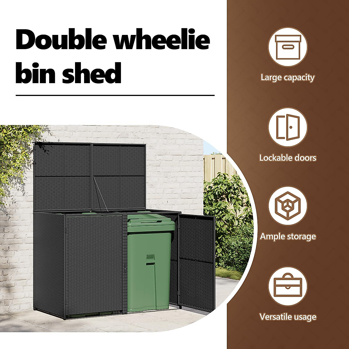 vidaXL Double Wheelie Bin Shed with Lid and Lockable Doors, Outdoor Garbage Bin Storage Shed, Weather-Resistant Sturdy Construction, Poly Rattan 31.5"x58.3"x43.7" Black