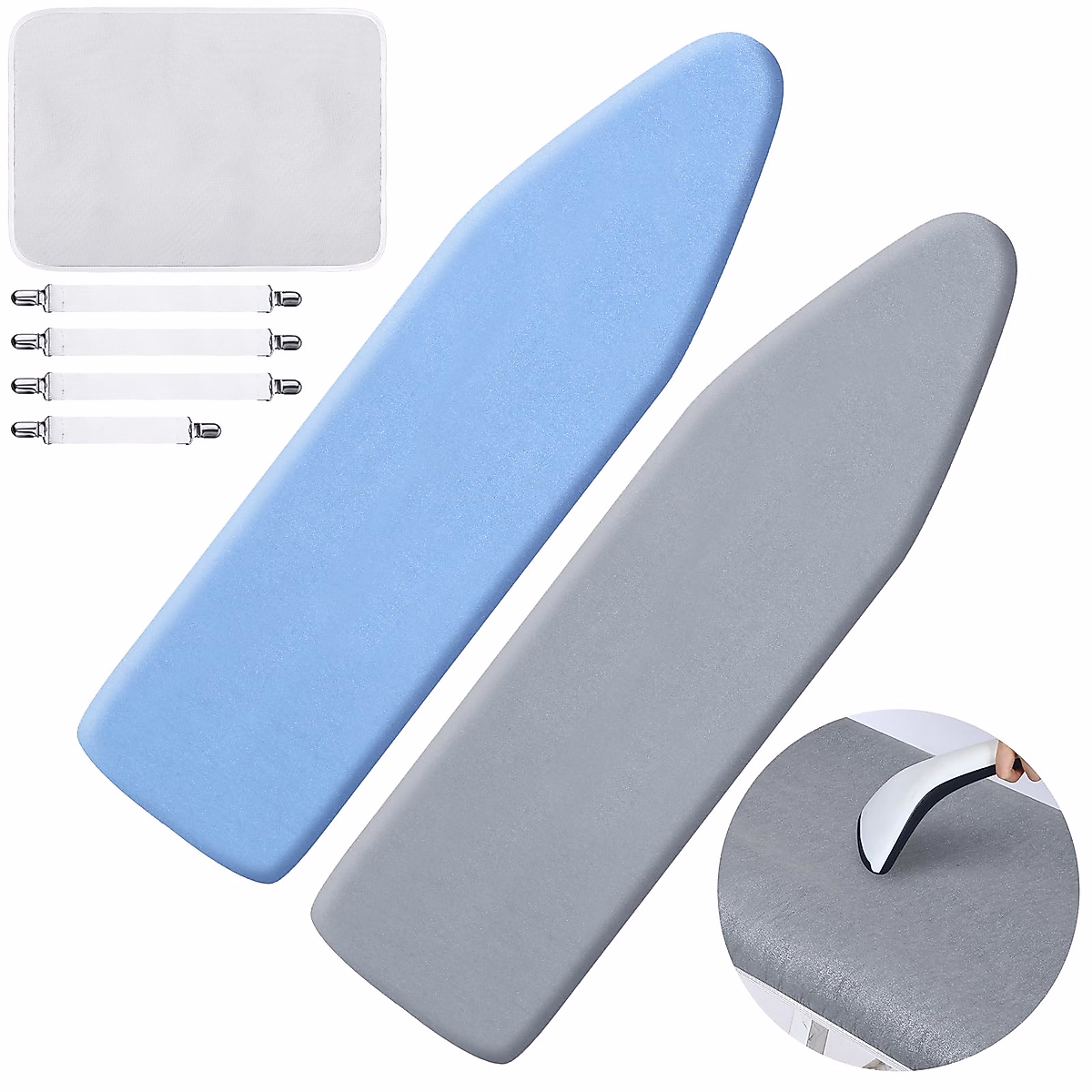 Hushee 2 Pack 19'' x 58'' Ironing Board Cover and Pad Scorch and Stain Resistant Iron Cover for Ironing Board with Elastic Edge Protective Scorch Mesh and 4 Fasteners for Home, Gray and Blue