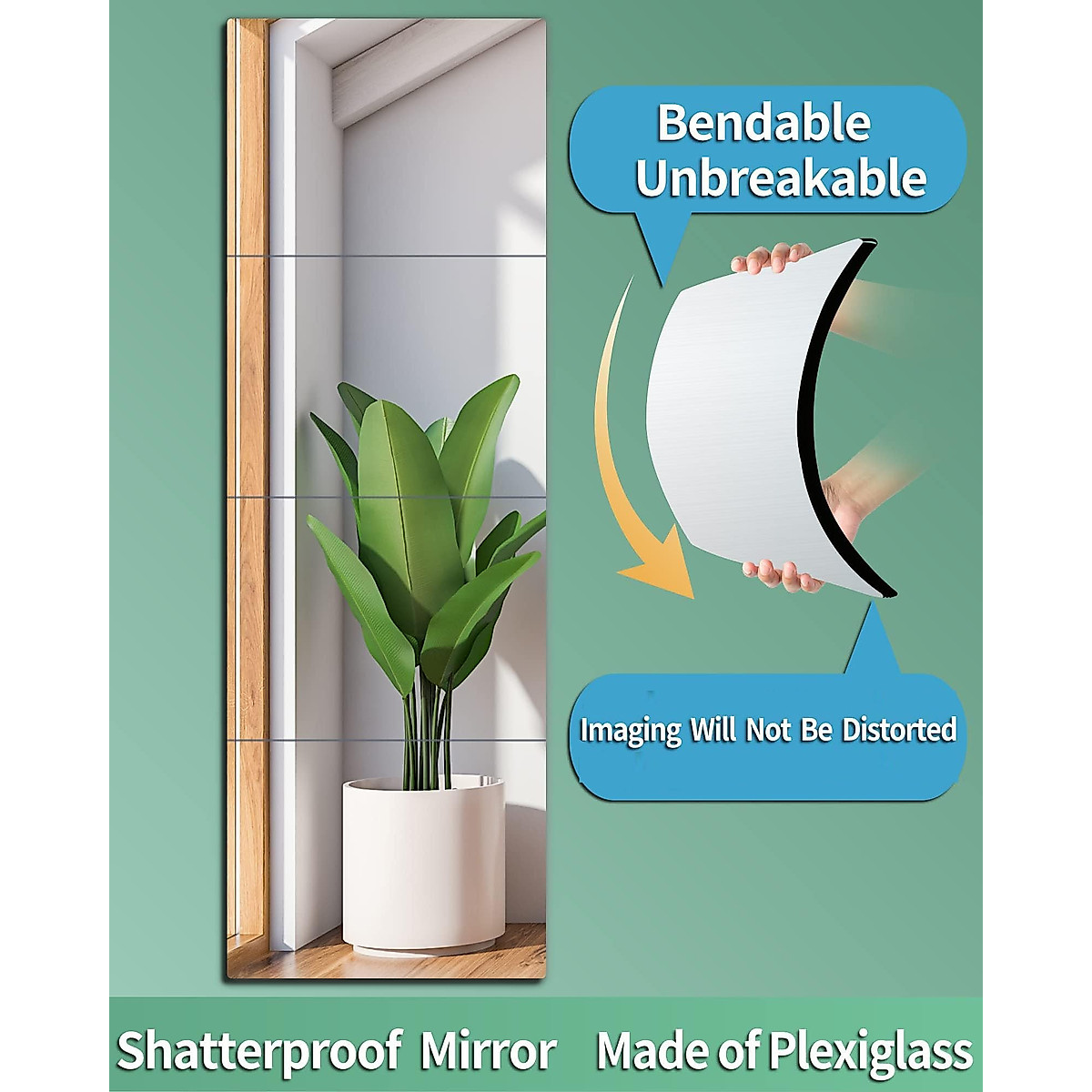 Shatterproof Full Length Mirror, Unbreakable Mirror for Wall, Full Body Mirror for Kids, Thick 0.1",4Pcs 12"x12", Made of Frameless Plexiglass Acrylic Plastic, Wall Mounted for Home Gym, Bathroom Door