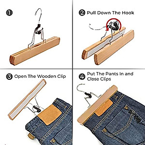 JS HANGER Wood Pants Hangers, 12 Pack Non Slip Wood Skirt Hangers, Smooth Finish Wood Jeans/Slack Hanger with 360° Swivel Hook, Natural Finish