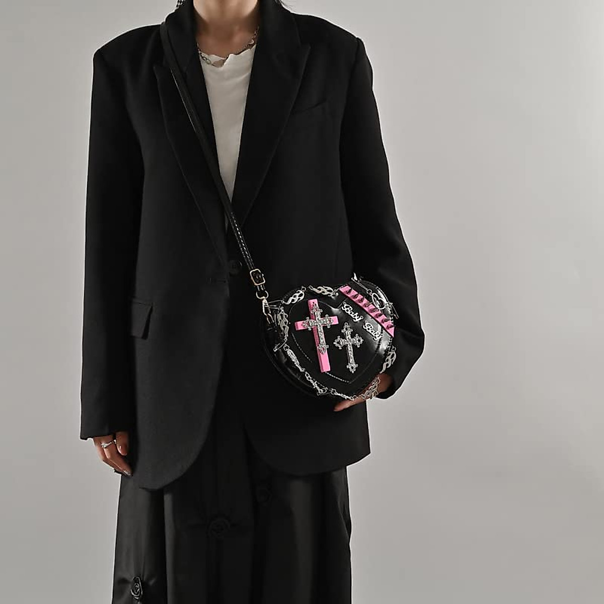 YOOSMATIC Y2K Heart Shaped Crossbody Bag Punk Design Women Crossbody Bag Hot Girl Black