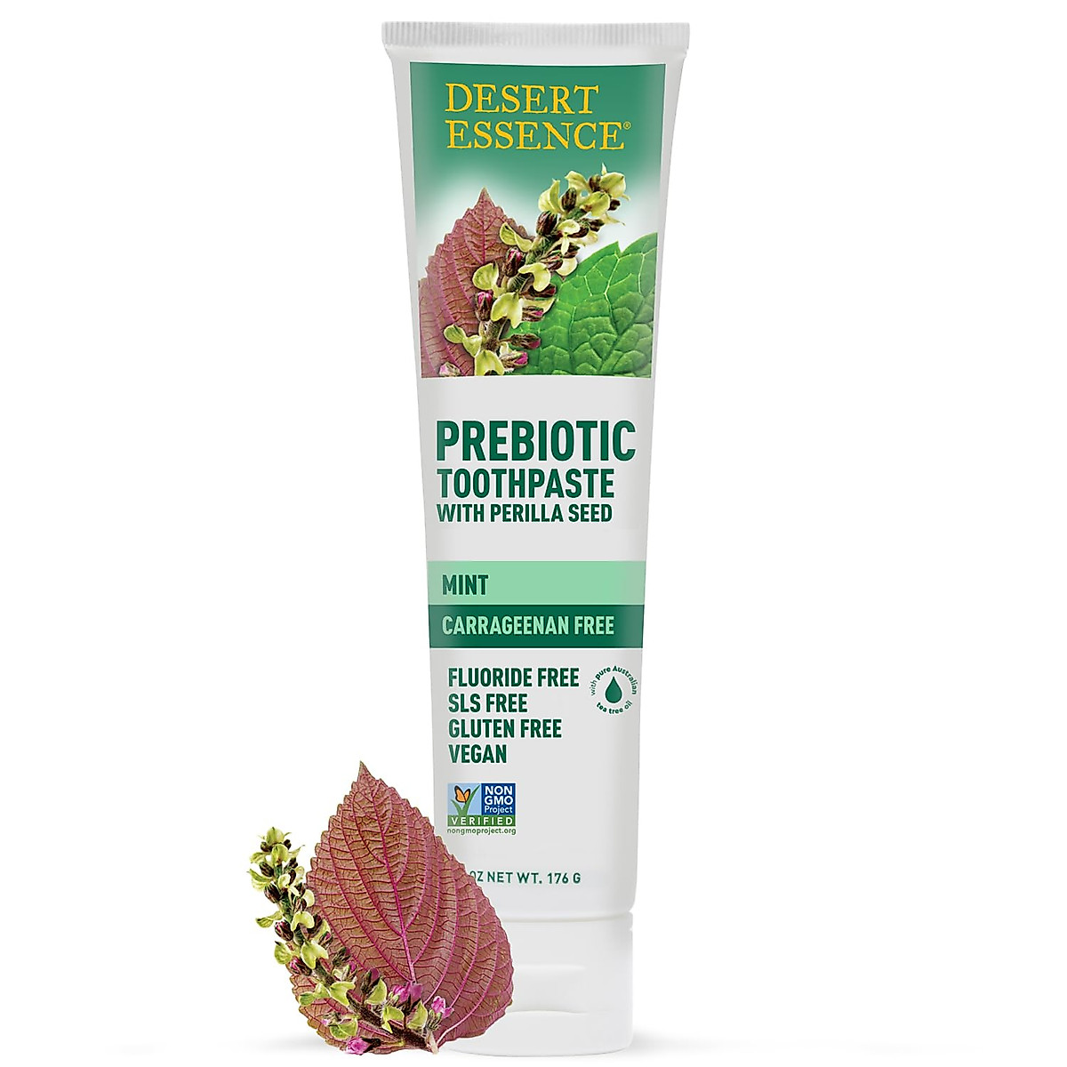 Desert Essence Prebiotic Plant-Based Whitening Toothpaste - Mint - Oral Care with Inulin, Perilla Seed & Aloe - Vegan, Fluoride Free, Non-GMO, Gluten-Free, Cruelty-Free - 6.25 oz