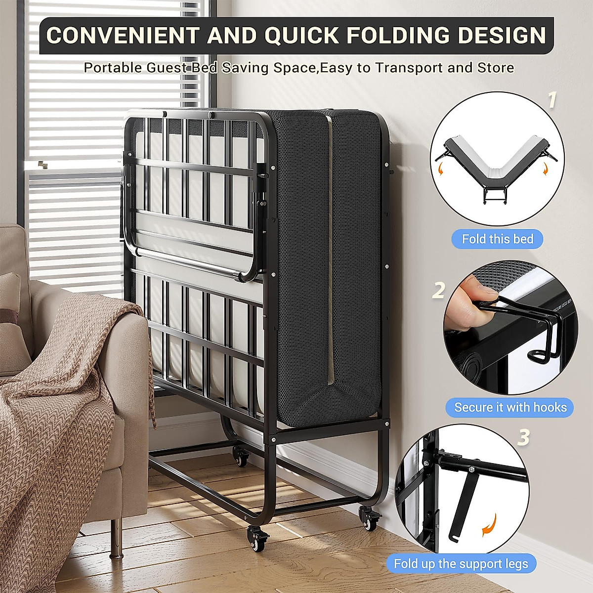 DICTAC Folding Bed with Mattress 75x38 Twin Size Bed Frame Portable Foldable Guest Bed for Adults Rollaway Bed with Wheels Fold up Bed with Metal Slats Bed Frame- 5'' Luxurious Memory Foam Mattress