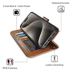 CAVOKAS iPhone 15 Wallet Case, Detachable Leather Case with Card Holder, Strong Magnetic Compatible with MagSafe Wireless Charging, Kickstand Shockproof Cover 6.1 Inch, Brown