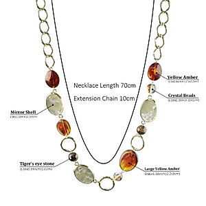 AEQBBQRE Women Boho Long Necklaces Trendy 14K Gold Plated Chain Genuine Natural Stone Necklace Tiger Eye Crystal Bead Imitation Agate Shell Jewelry For Fashion Girls