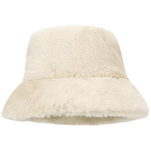 Women Winter Plush Bucket Hat Warm Solid Color Faux Fur Fisherman Cap White