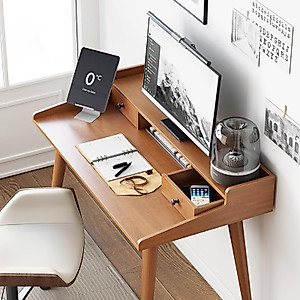 Ucerna Mid Century Modern Desk, 41" Wood Home Office Writing Computer or Laptop Desk with Monitor Stand Riser and Open Storage Cubby, Vanity Desk with 2 Drawers