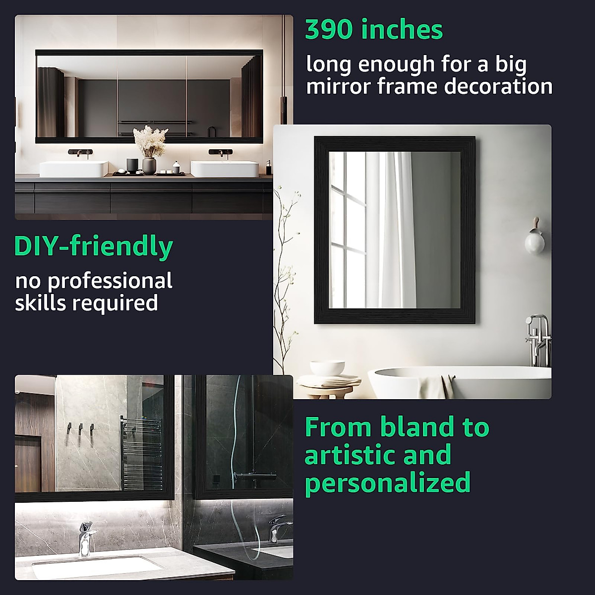 LONGKING Premium 10M Black Wood Grain Peel and Stick Mirror Border Wall Decal: Waterproof PVC Wallpaper Sticker for Kitchen & Bathroom, 393x4.2 in