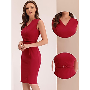 Allegra K Sheath Dress for Women's Sleeveless V Neck Business Office Belt Pencil Dresses Small Red