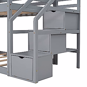Twin House Bunk Beds Wooden Low Floor Bunk Bed with Roof & Window Twin Over Twin Bunk Beds with Stairs and Storage for Kids Teens, Grey