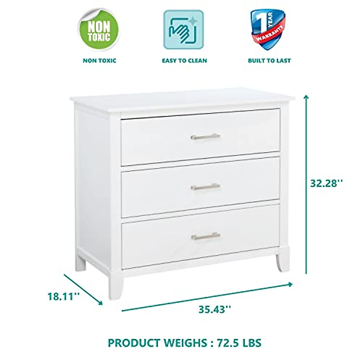 Dream on Me Universal 3 Drawers Chest | Kids Bedroom Dresser | Three Drawers Dresser Mid Century Modern, White