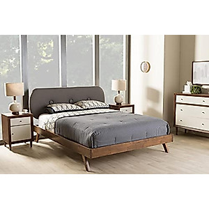 Baxton Studio Penelope Mid-Century Modern Solid Walnut Wood Grey Fabric Upholstered Full Size Platform Bed