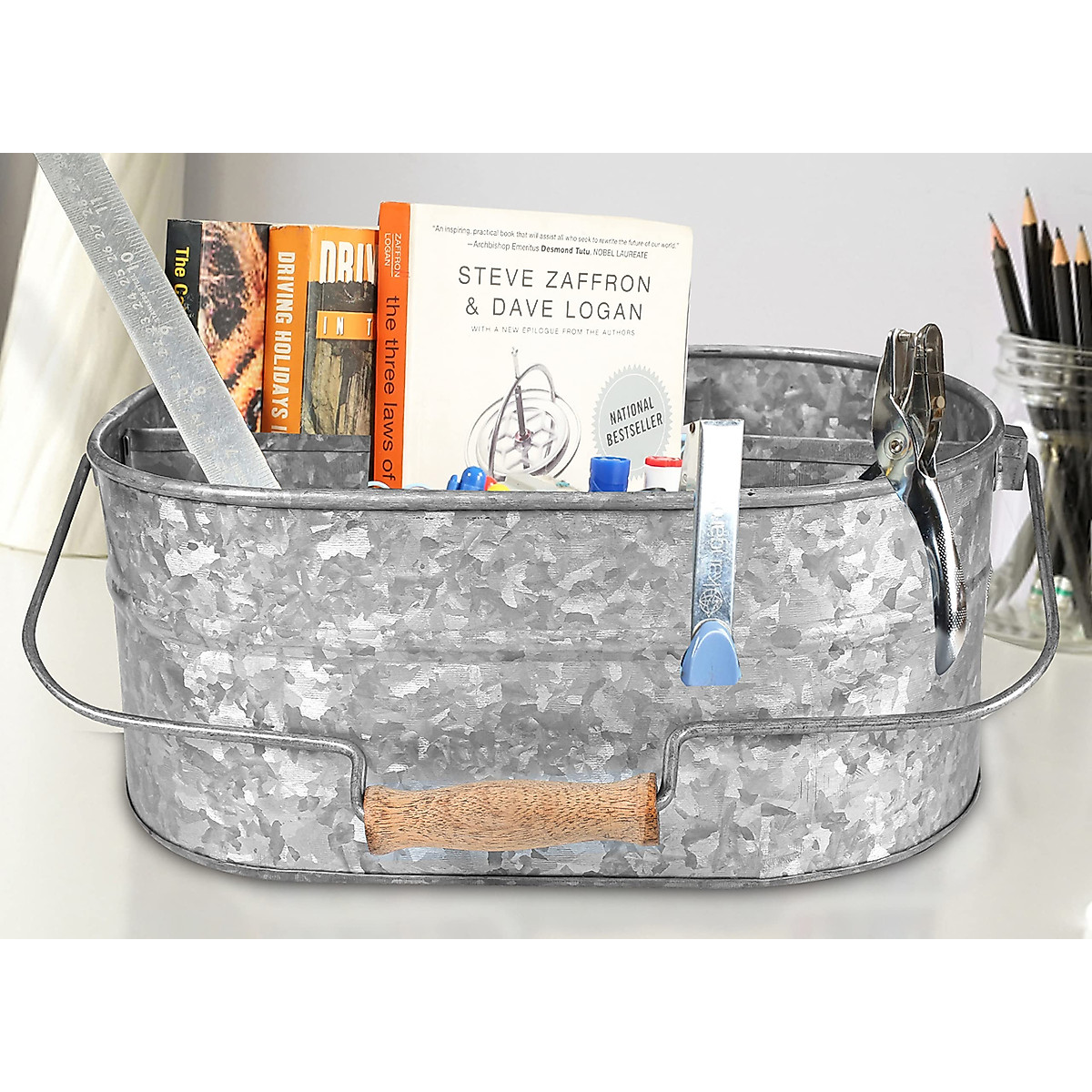 Goroly Home Galvanized Metal Caddy Storage Bin with Wooden Handle, 4 Compartments, Rustic Farmhouse Decor for Kitchen, Garden, Patio, Laundry Room (Antique Grey)