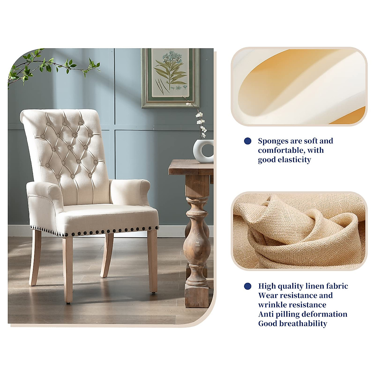 Restworld Dining Room Chairs with Arms,Tufted Upholstered High Back Nailed Trim with Untique Oak Wood Legs for Kitchen Restaurant Room Bedroom (Beige)