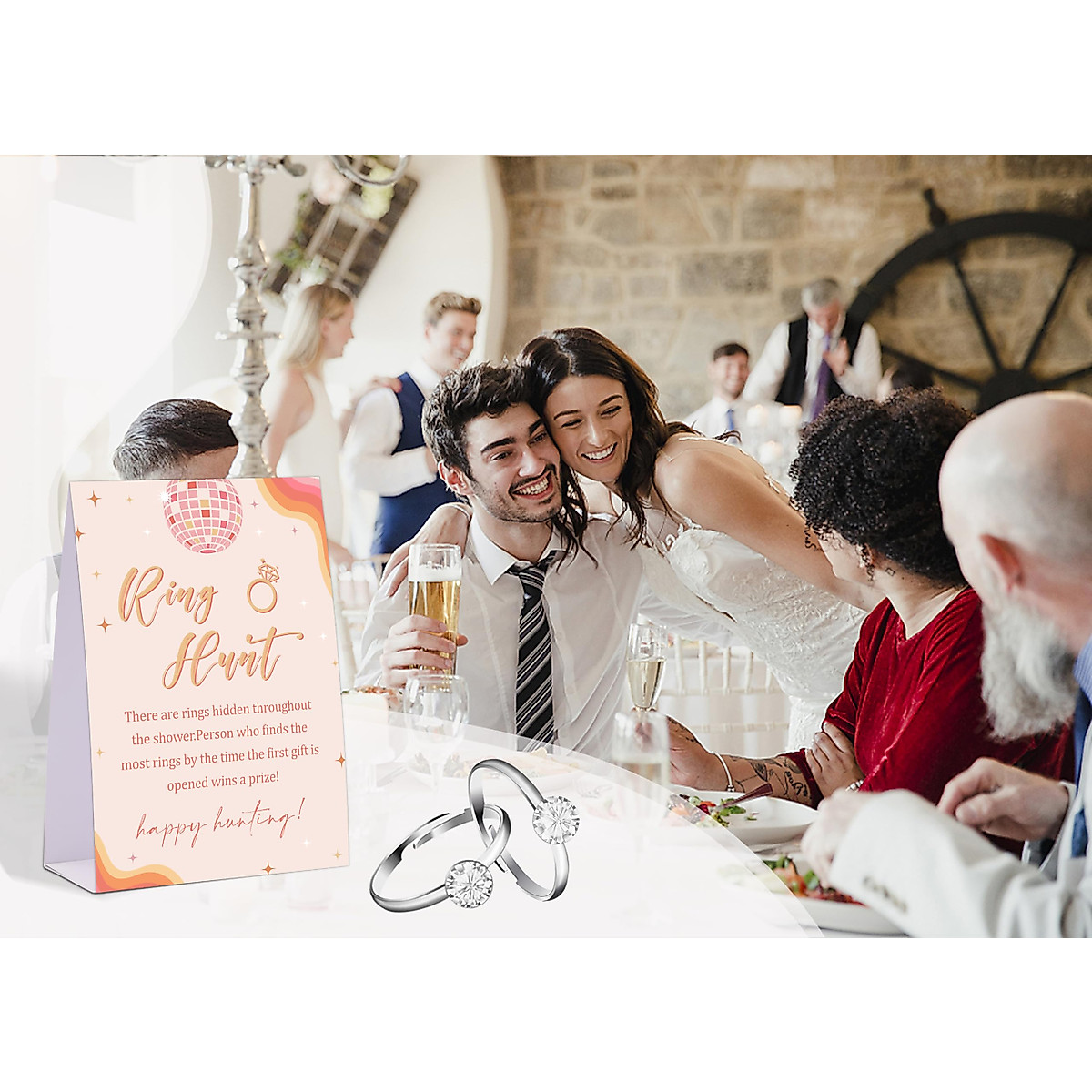 Disco Ball Ring Hunt Game, Find the Rings Bridal Shower Game with 30 Fake Rings, Boho Bridal Shower Decorations, Wedding Shower or Bachelorette Party Supplies - 04