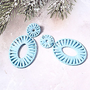 Statement Raffia Earrings Boho Drop Dangle Earrings for Women Handmade Fashion Earring Bohemian Gift Jewelry(Light Blue)