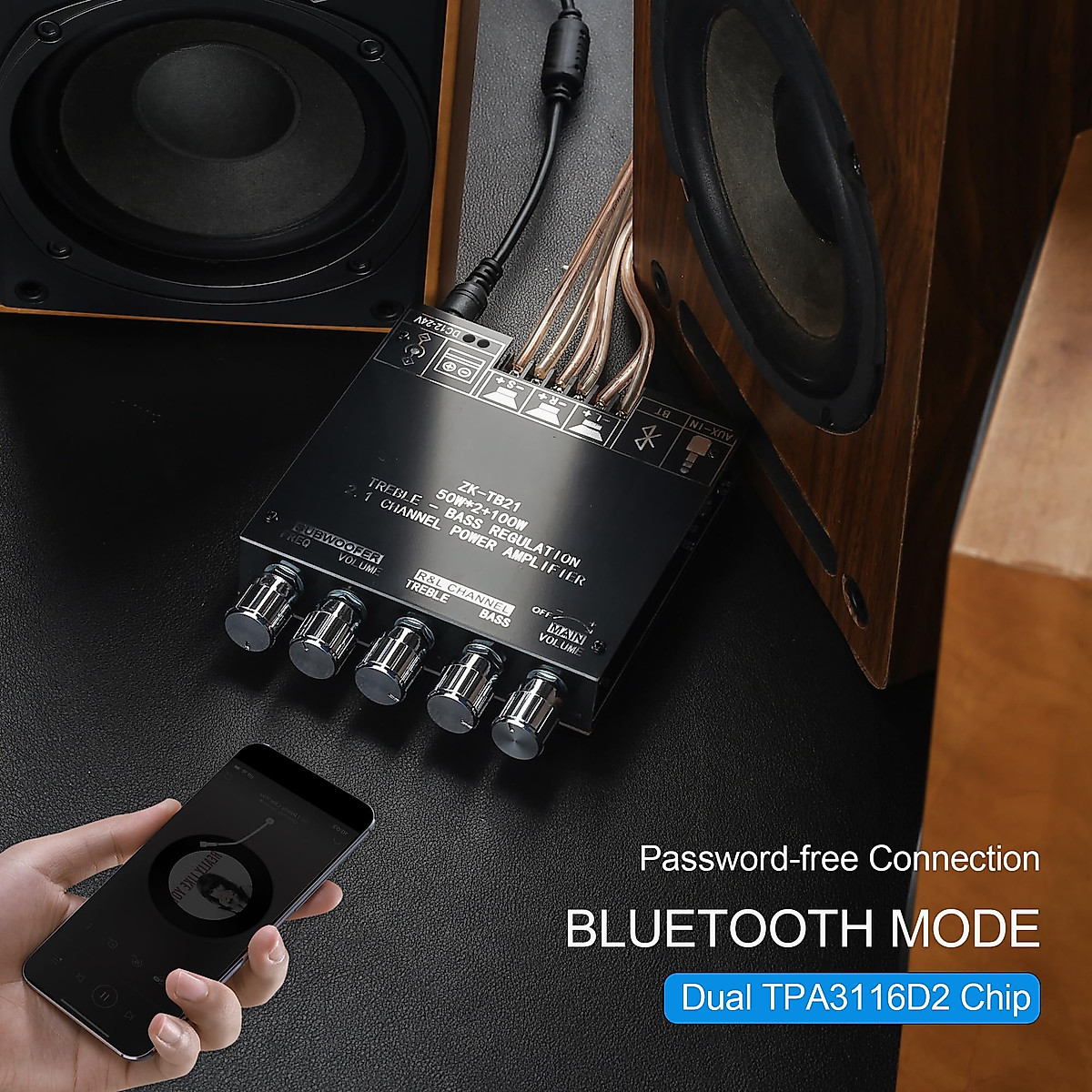 ZK-TB21 Bluetooth Amplifier Board 2.1 Channel,50W+50W+100W Power Output Class D AMP Module with Dual TPA3116D2 Chip (ZK-TB21)