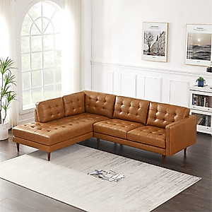 ASHCROFT Lucille Modern Living Room Top Leather Corner Sectional Couch in Cognac Tan