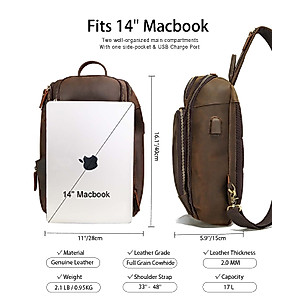 Taertii Vintage Full Grain Genuine Leather Sling Bag Crossbody Chest Shoulder Backpack Daypack Travel Hiking for 13.3 Inch Laptop - Brown