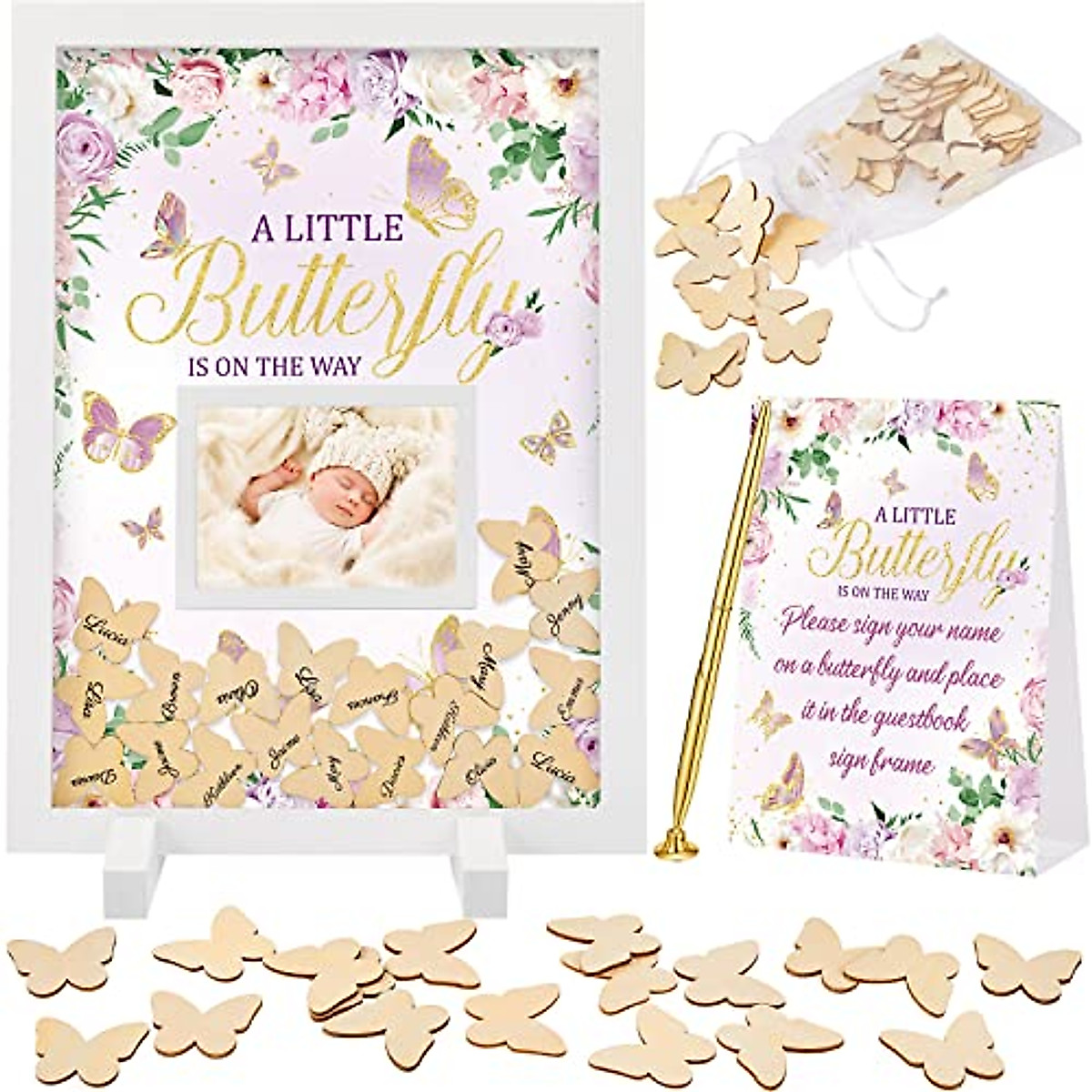 65 Pieces Butterfly Baby Shower Guest Book Alternative Set 60 Pieces Butterfly Token Baby Shower Sign in Guest Book Baby Keepsake Signature Book Picture Frame with Wooden Stand Storage Bag and Pen